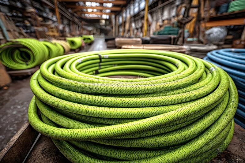Green Industrial Hoses Coiled and Ready for Use in Warehouse Setting ...