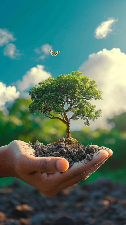 Green Initiative Hand Cradles a Tree, Embodying a Commitment To Change ...