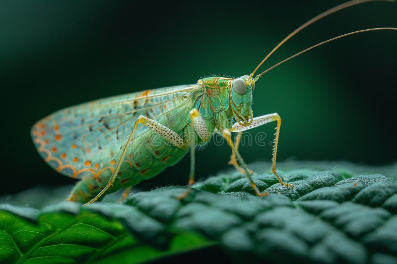 Green Insect Sitting on Top of Leaf Next To Dark Background Stock Image ...