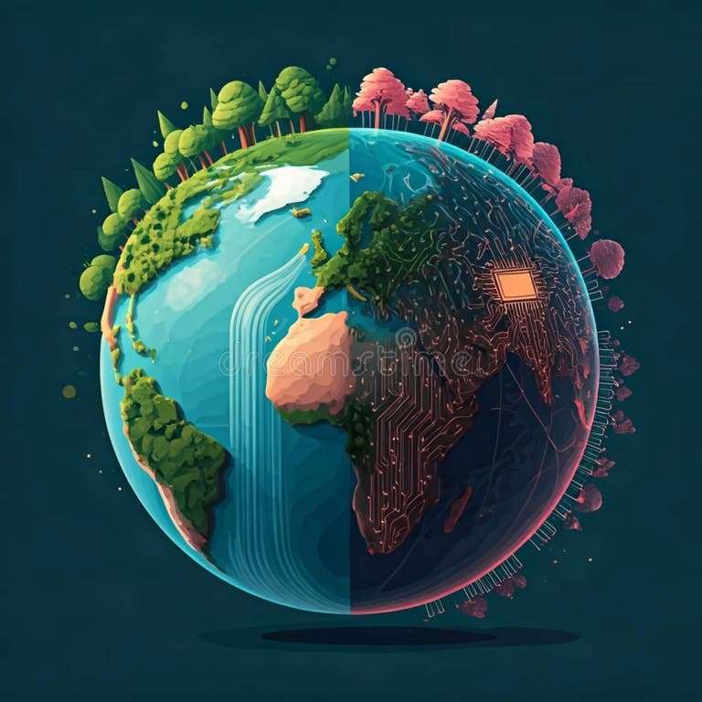 Green Intelligence – Planet Earth Divided into Nature and Tech Stock ...