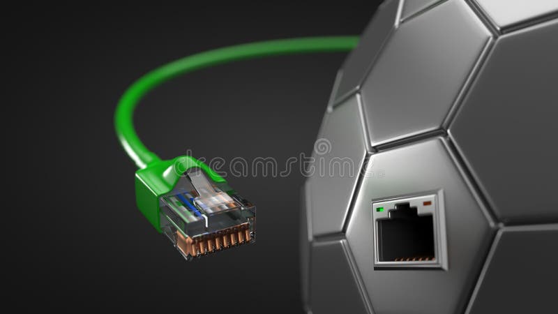 Green Internet Cable and Hexagonal Tech Hub. Conceptual 3d Illustration ...