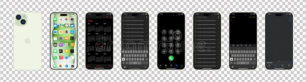 Green Iphone 15 Pro Interfaces. Apple Mockup. Front, Back Side of the ...