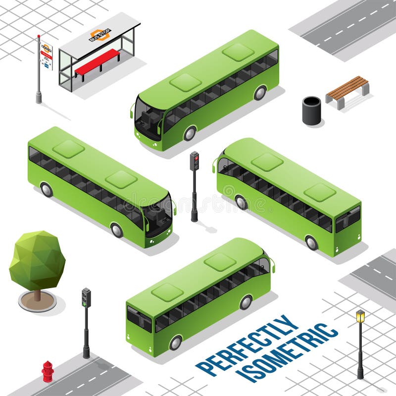 Green Isometric Bus from the Front Back Right and Left Stock Vector ...