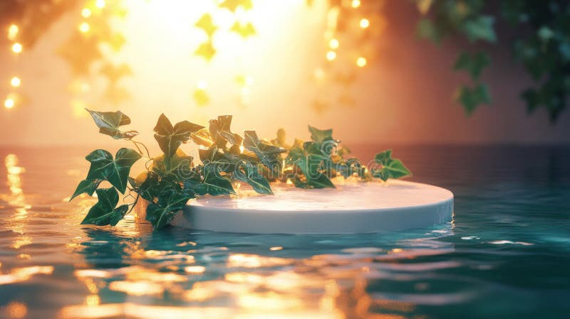 Green Ivy on Floating Platform in Calm Water with Golden Light Stock ...