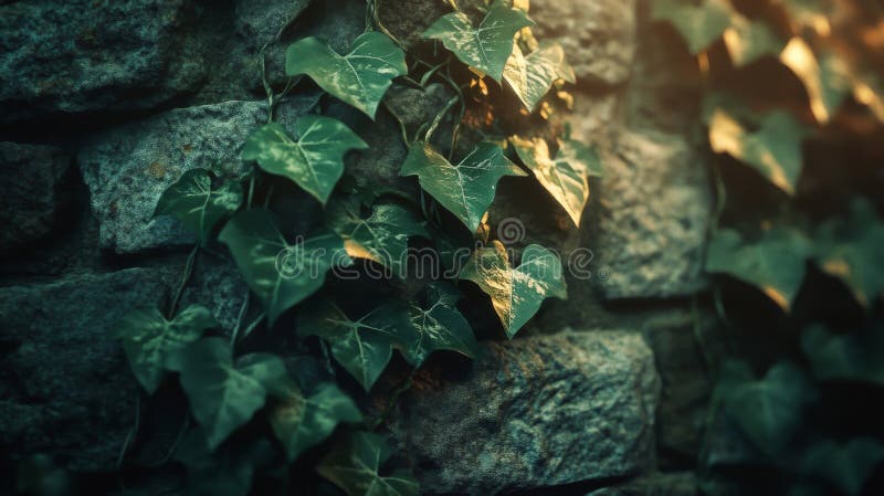 Green Ivy Growing on a Dark Stone Wall Stock Illustration ...