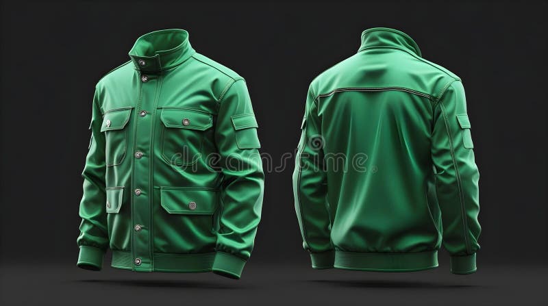 Green Jacket Mockup – Front & Back on Black Background Stock ...
