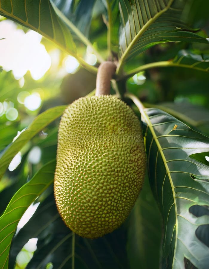 Green Jackfruit Dangling from Tree Branch, Sunlight Filtering through ...