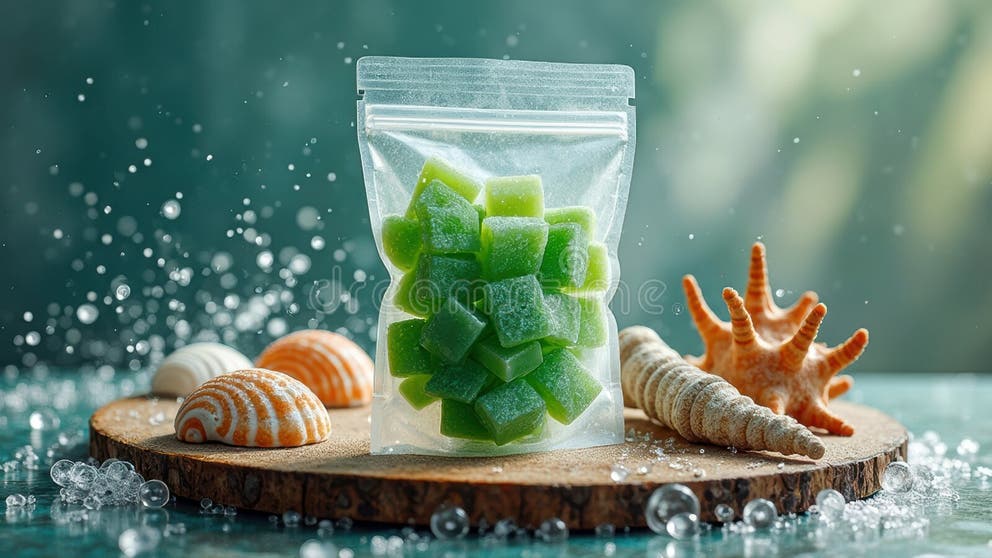 Green Jelly Candy in Clear Packet with Seashells on Wooden Surface ...