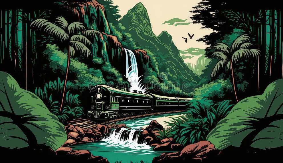 Green Jungle, Train and Waterfall, Digital Illustration. Generative AI ...