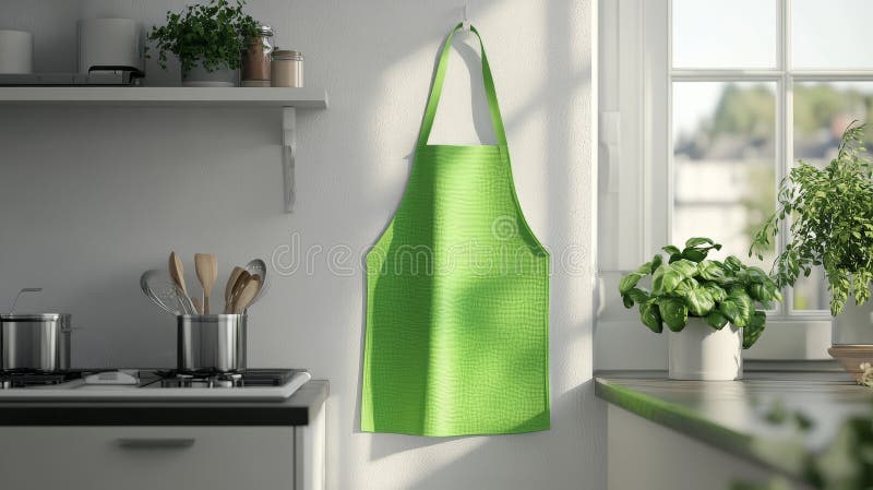 Green Kitchen Apron Hanging on a White Wall Stock Illustration ...