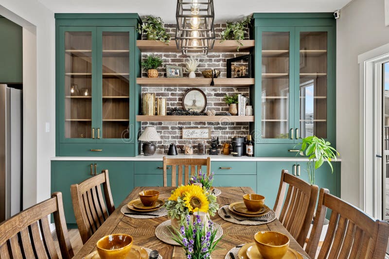 Green Kitchen with a Green Cabinet and a Green Table Stock Photo ...