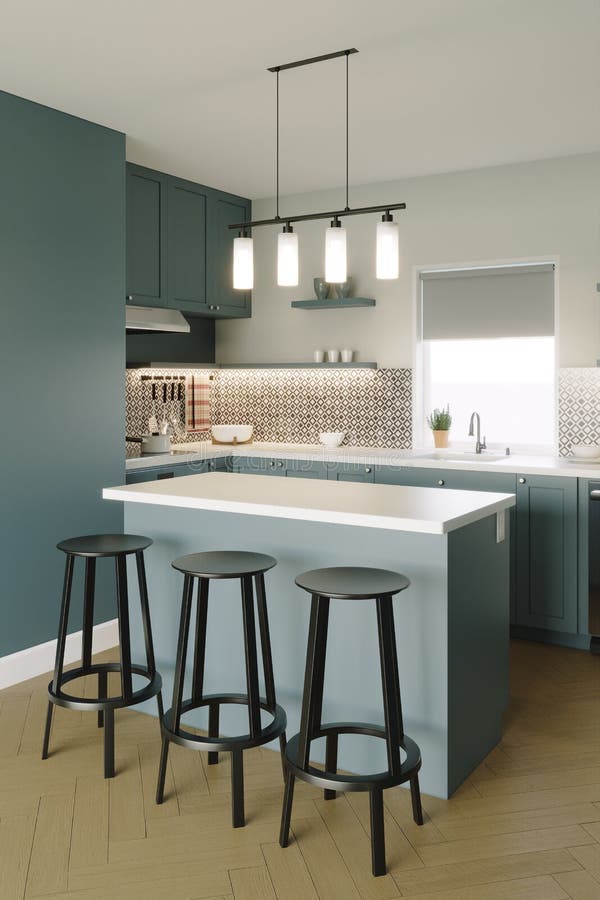 3D Rendering of a Kitchen with Tall Cabinets and Kitchen Utensils ...