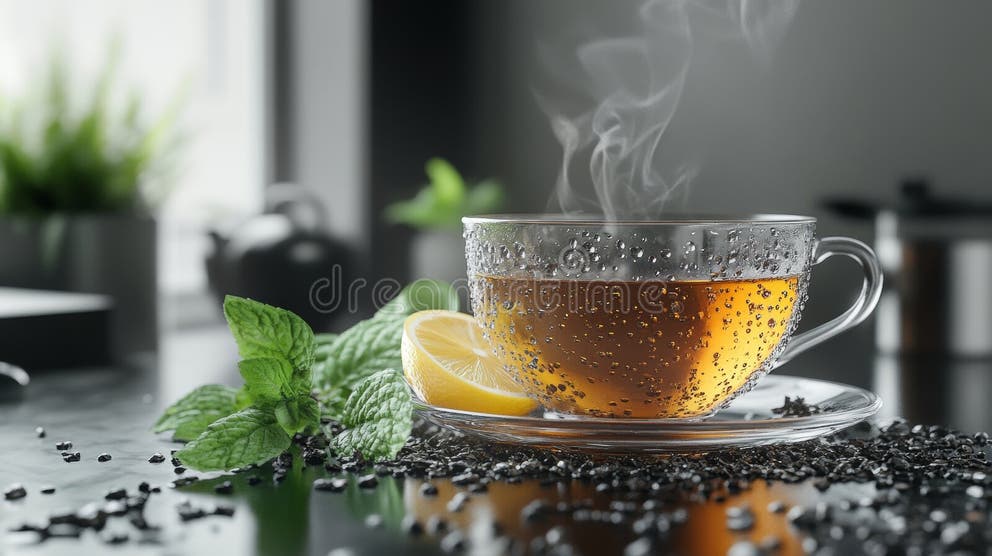 On a Green Kitchen Table, a Cup of Tea is Set Stock Image - Image of ...