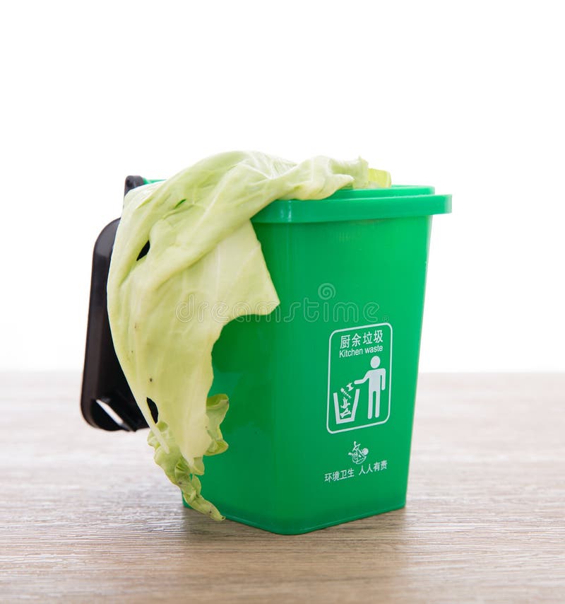 Green Kitchen Waste Bin and Vegetable Leaves on the Table Stock Image ...