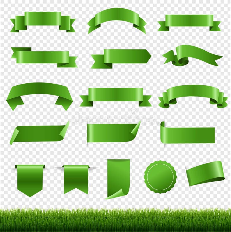 Green Labels And Ribbon Set With Green Grass Border Transparent ...
