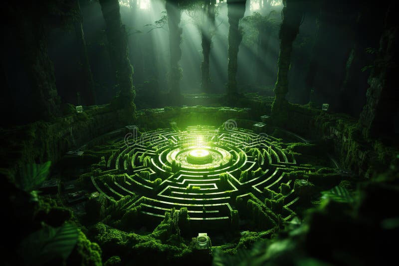 Green Labyrinth with a Light Source in the Center. Generative AI Stock ...