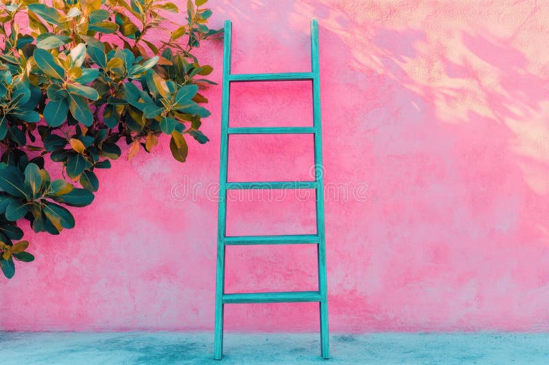 A Green Ladder Leaning Against a Pink Wall Stock Illustration ...