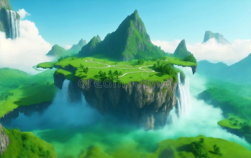 Green Land with Waterfalls and Mountains, Generative AI Illustration ...