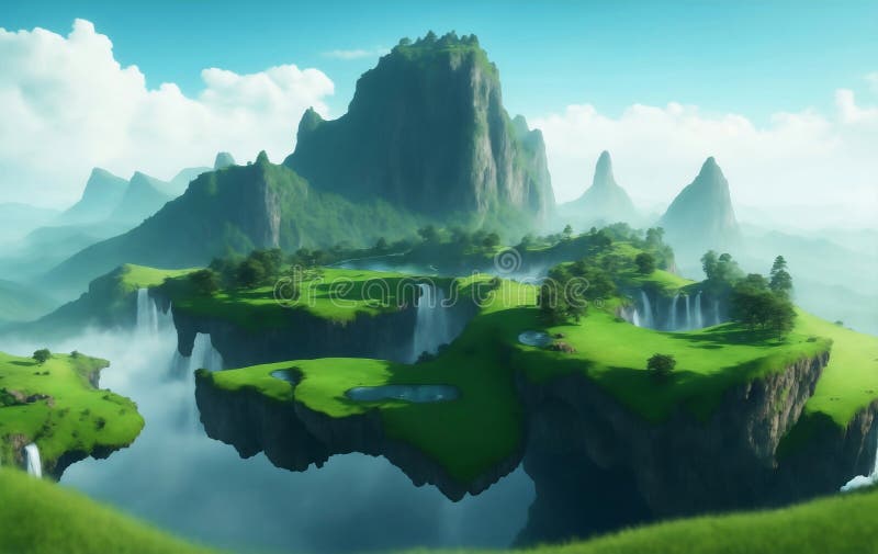 Green Land with Waterfalls and Mountains, Generative AI Illustration ...