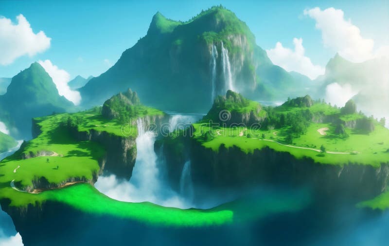 Green Land with Waterfalls and Mountains, Generative AI Illustration ...