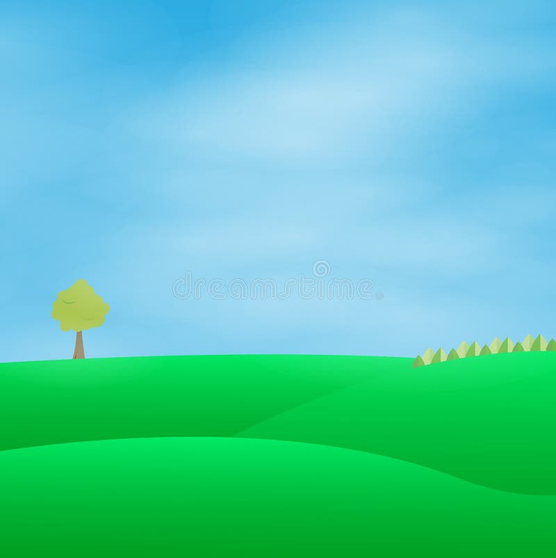Green Grass in Blue Sky with Apple Tree Cartoon Illustra Stock ...