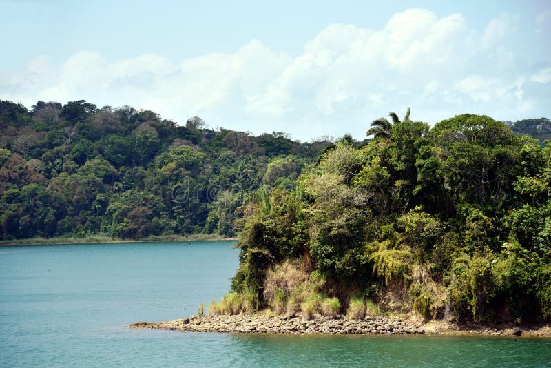 Green Landscape of Panama Canal, View from the Transiting Cargo Ship ...