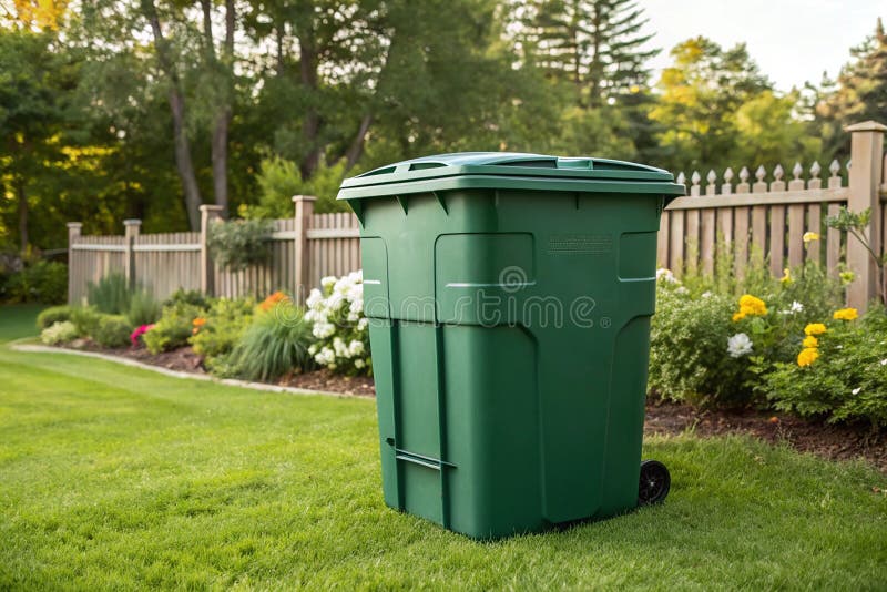 Green Large Plastic Bin for Trash on Backyard Stock Photo - Image of ...