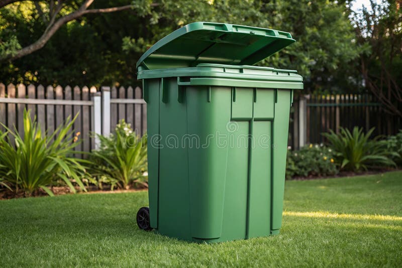 Green Large Plastic Bin for Trash on Backyard Stock Image - Image of ...