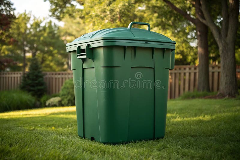 Green Large Plastic Bin for Trash on Backyard Stock Image - Image of ...