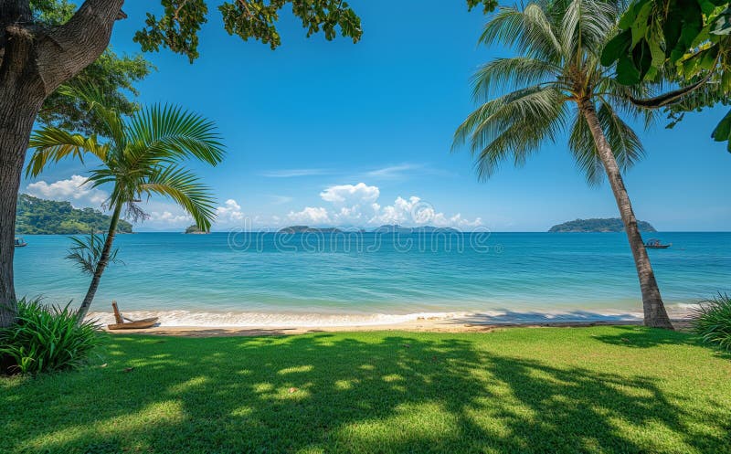 Green Lawn Overlooking the Water with Palm Trees in Front of it Stock ...