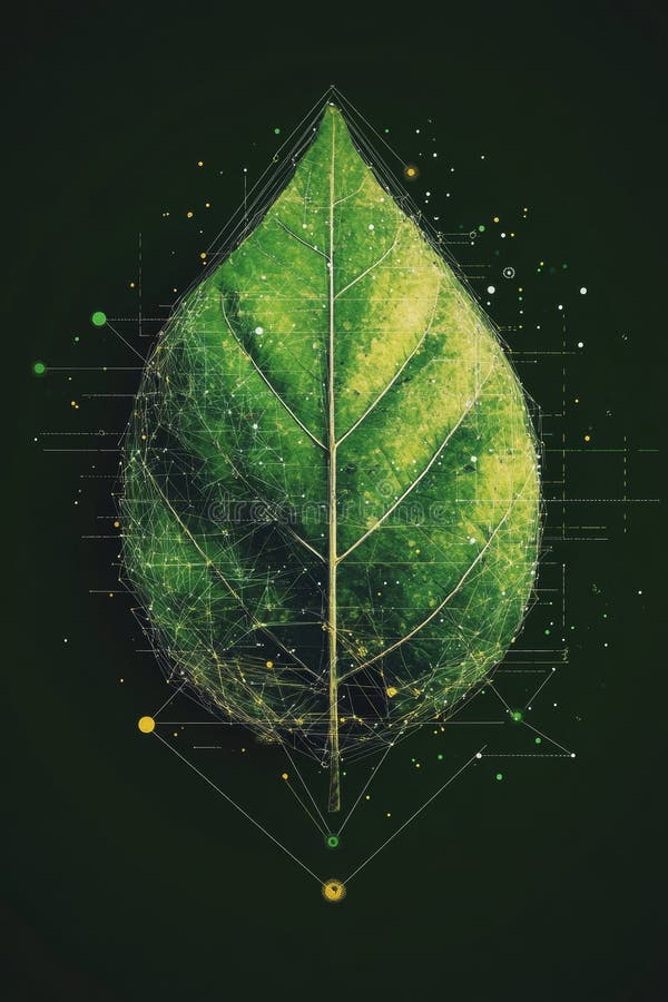 Green Leaf with Abstract Lines and Dots, Nature and Technology Concept ...