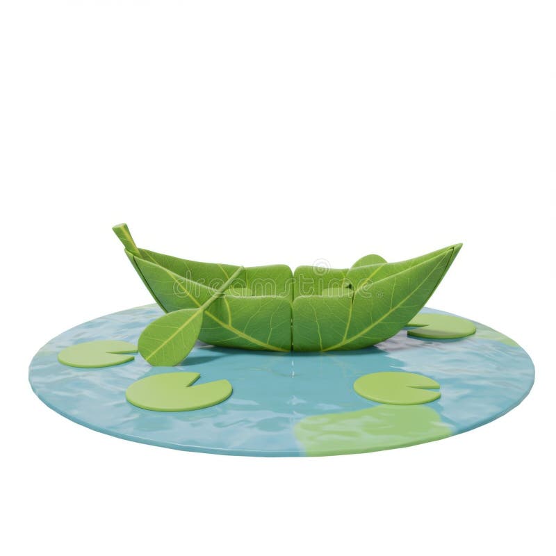 Green Leaf Boat on Calm Water with Lily Pads Stock Illustration ...