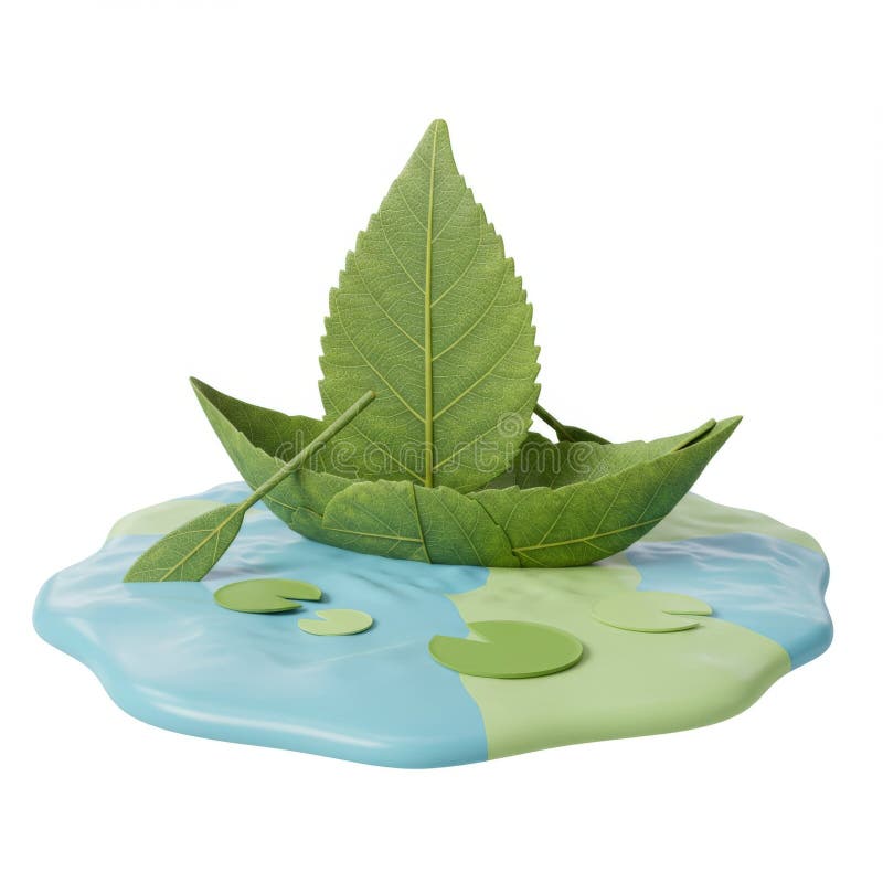 Green Leaf Boat on Teal Water with Lily Pads Stock Illustration ...
