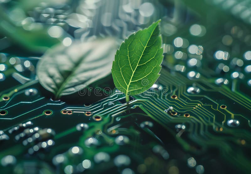 Green Leaf on Circuit Board - Eco-Friendly Tech Stock Illustration ...