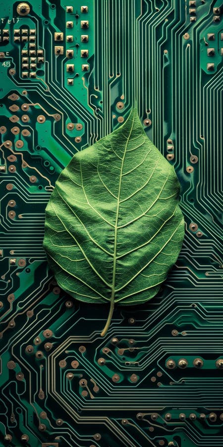 Green Leaf on a Circuit Board Highlighting Eco-friendly Technology ...
