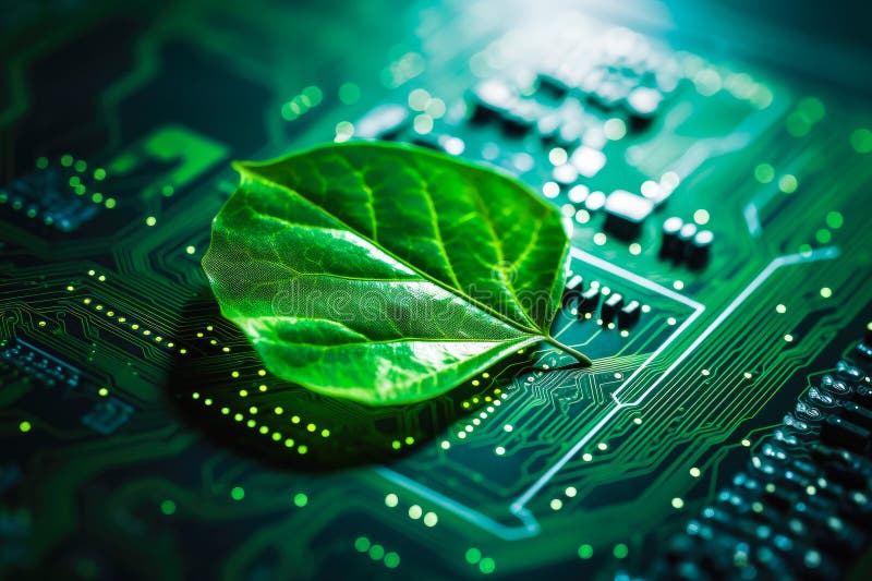 Green Leaf on Computer Circuit Board, Eco-friendly Technology, Sustainable Computing ...