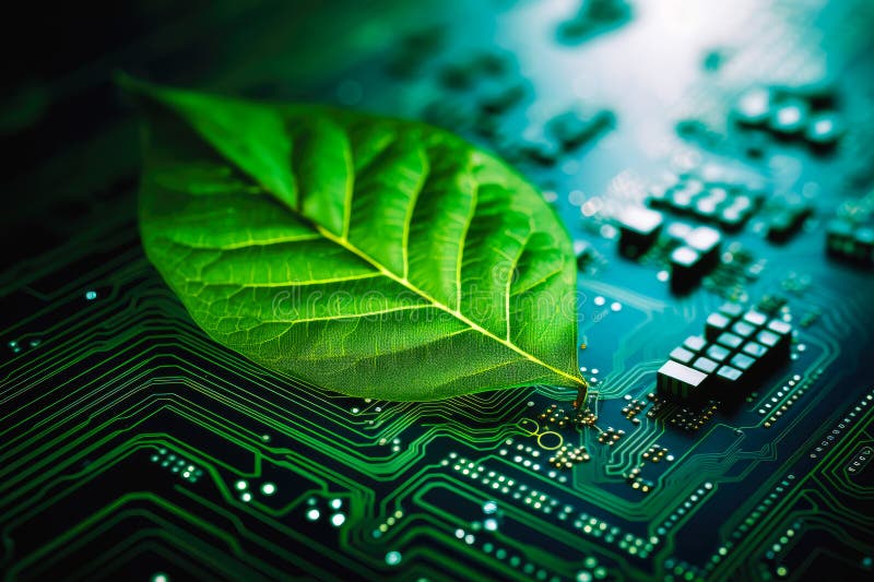 Green Leaf on Computer Circuit Board, Eco-friendly Technology, Sustainable Computing ...