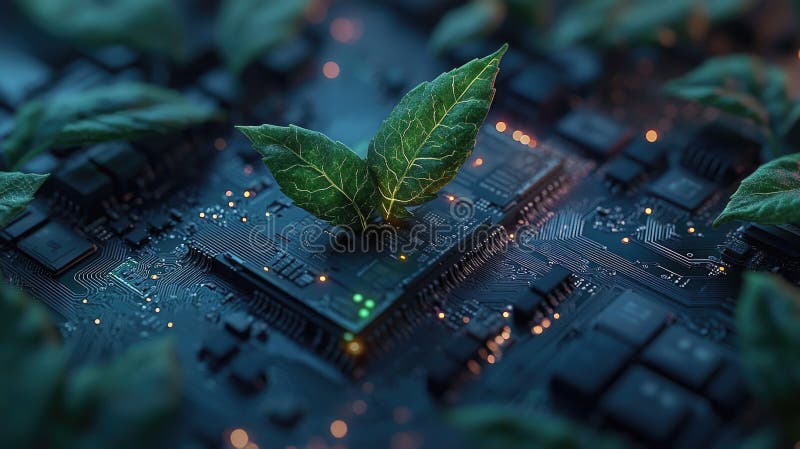 Green Leaf Emerging from Circuit Board Representing Technology and ...