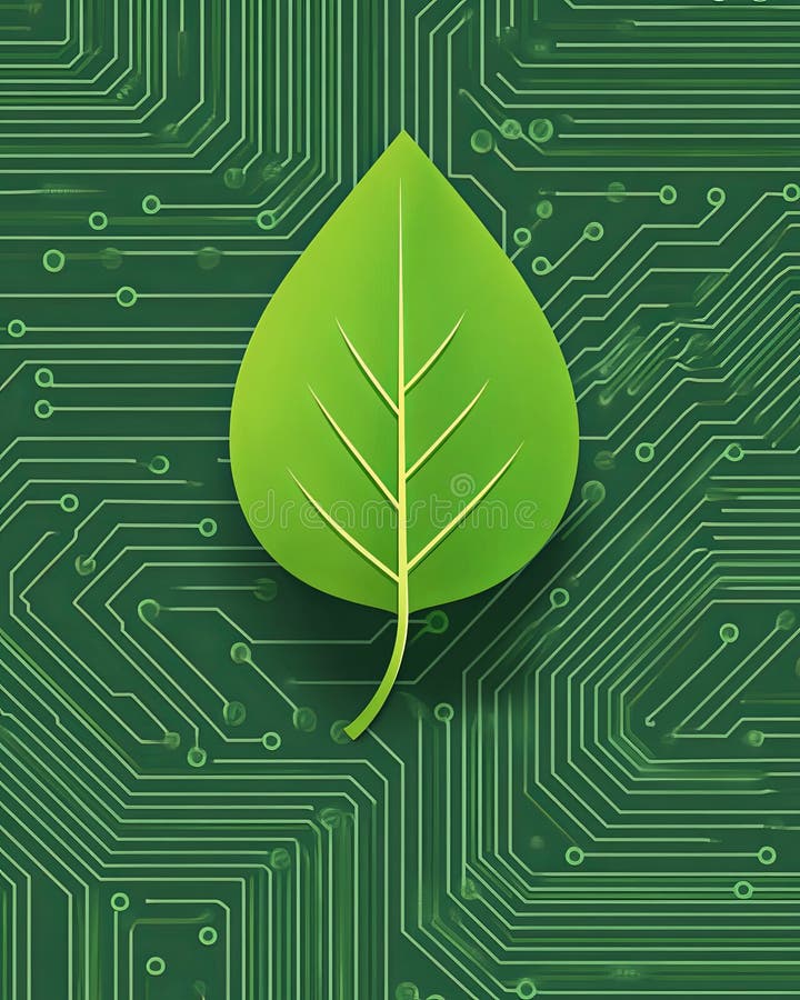 Green Leaf Emerging from a Microchip on a Circuit Board Highlighting ...