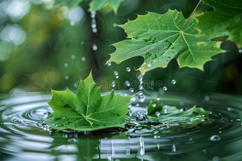 Green Leaf Floating on Water with Rain Drops Stock Photo - Image of ...