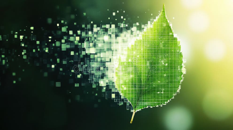 Green Leaf Transforming into Digital Pixels Illustrating the Fusion of ...