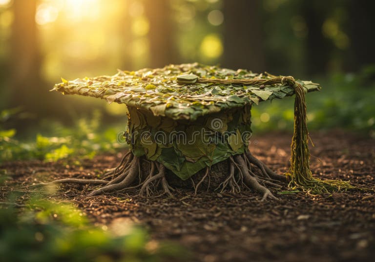 Green Leaf Graduation Cap on Forest Floor Stock Illustration ...