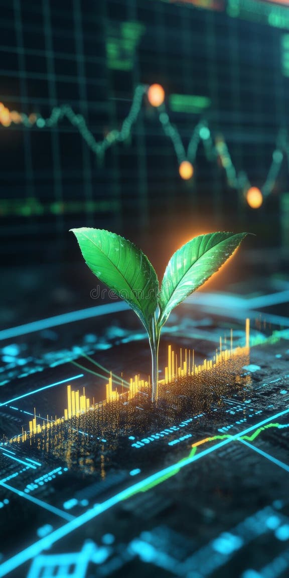 A Green Leaf is Growing on a Computer Screen with a Graph of Numbers ...