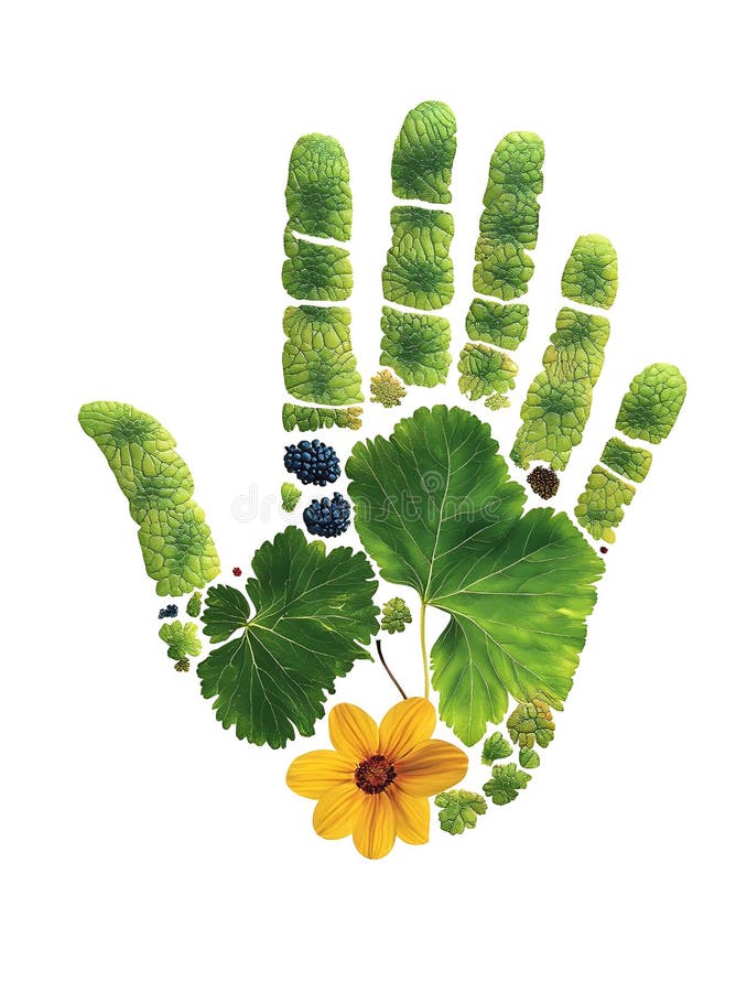 Green Leaf Handprint with Flower and Berries Stock Illustration ...