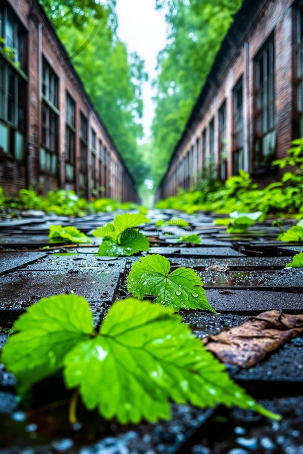 A Green Leaf Laying on the Ground in Front of a Brick Building Stock ...