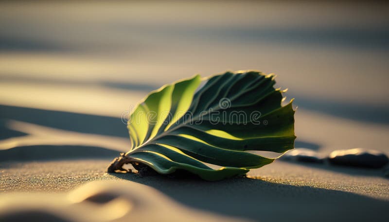 A Green Leaf Laying on Top of a Sandy Beach Next To Rocks. Stock ...
