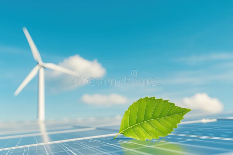 Green Leaf Lying on Solar Panel with Wind Turbine Generating Clean ...