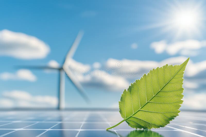 Green Leaf Lying on Solar Panel with Wind Turbine Generating Clean ...