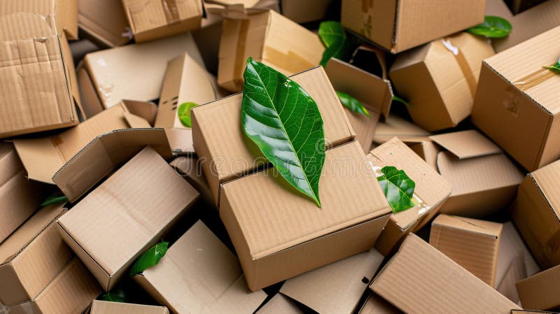 Green Leaf on a Pile of Paper Box and Cardboard Package Biodegradable ...