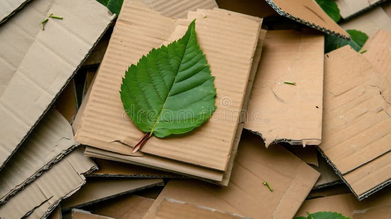 Green Leaf on a Pile of Paper Box and Cardboard Package Biodegradable ...